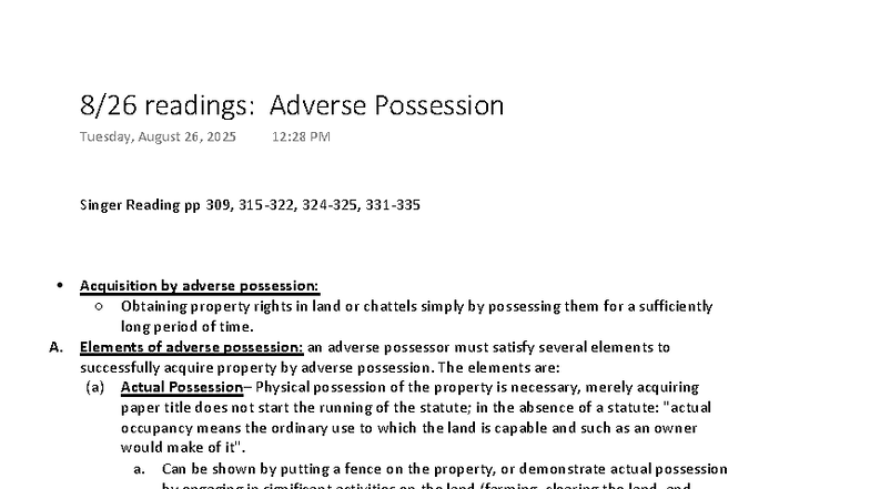 Adverse Possession: Key Elements and Legal Insights (Singer) - Studocu