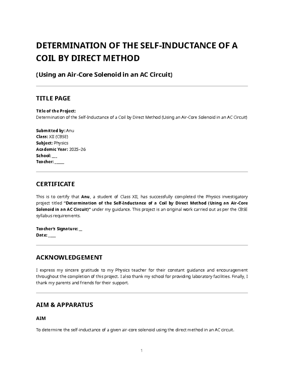 Physics Investigatory Project – Self Inductance of a Coil (Class XII ...