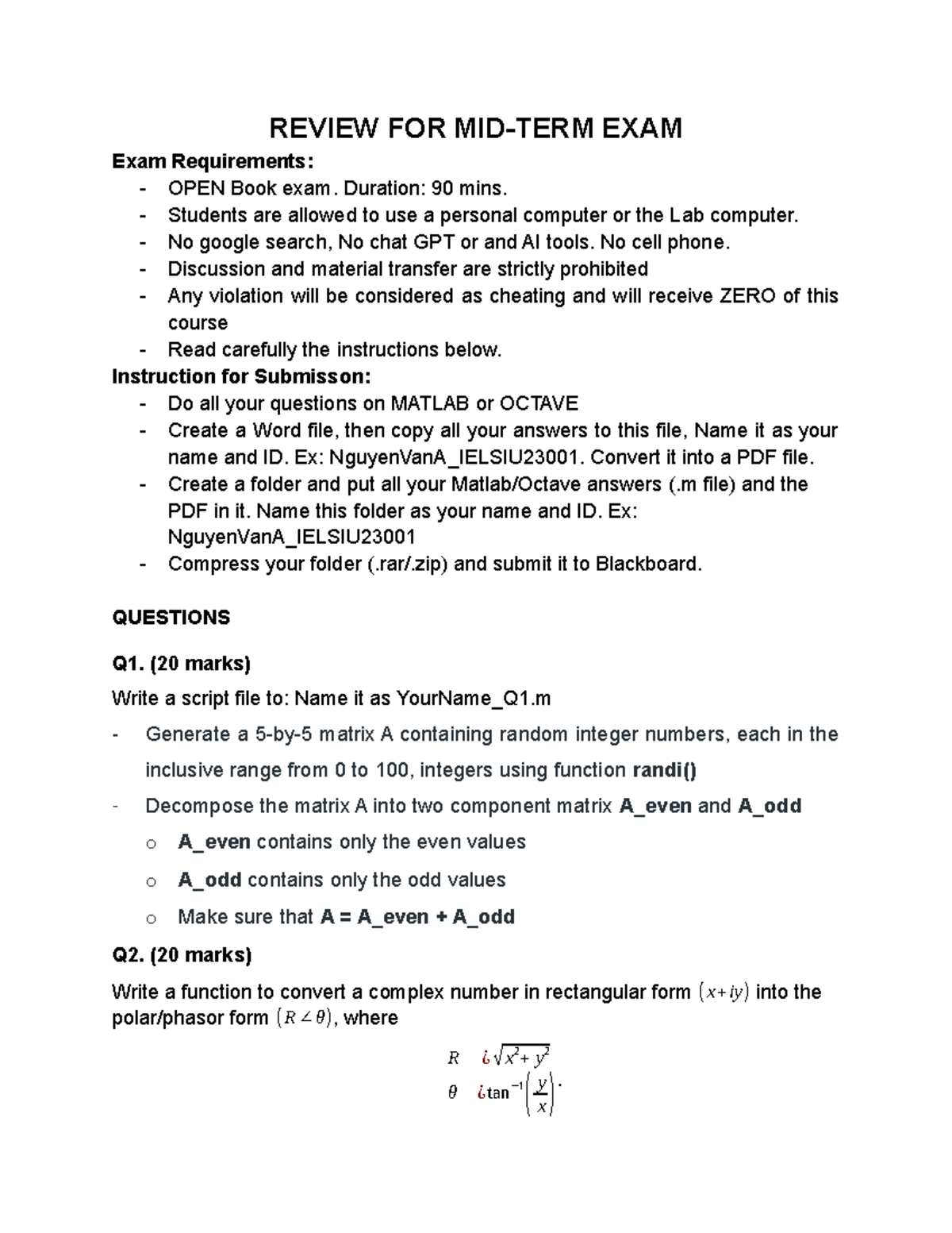Review mid-term Intro 2Comp - REVIEW FOR MID-TERM EXAM Exam ...