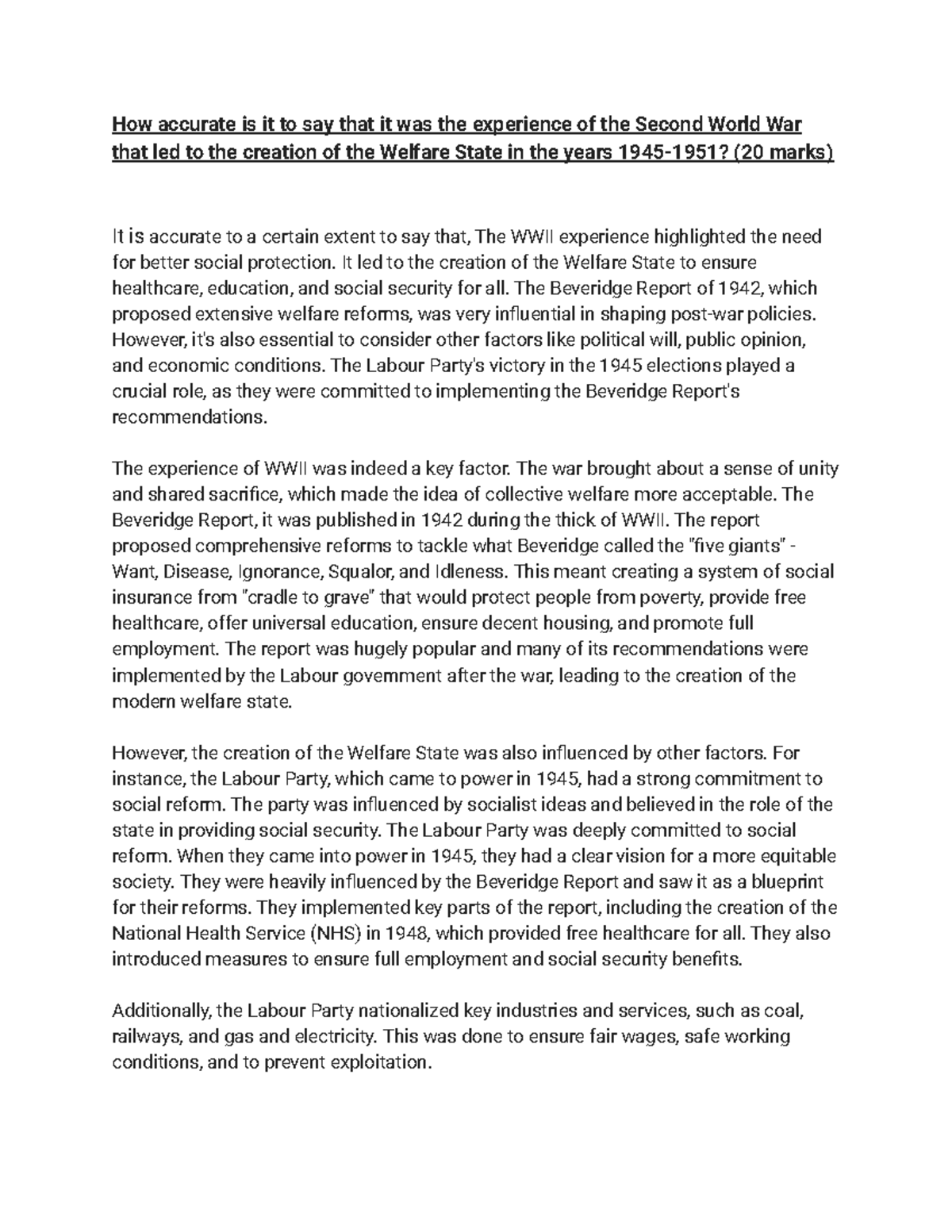 WWII's Impact on the Creation of the Welfare State (1945-1951) - Studocu