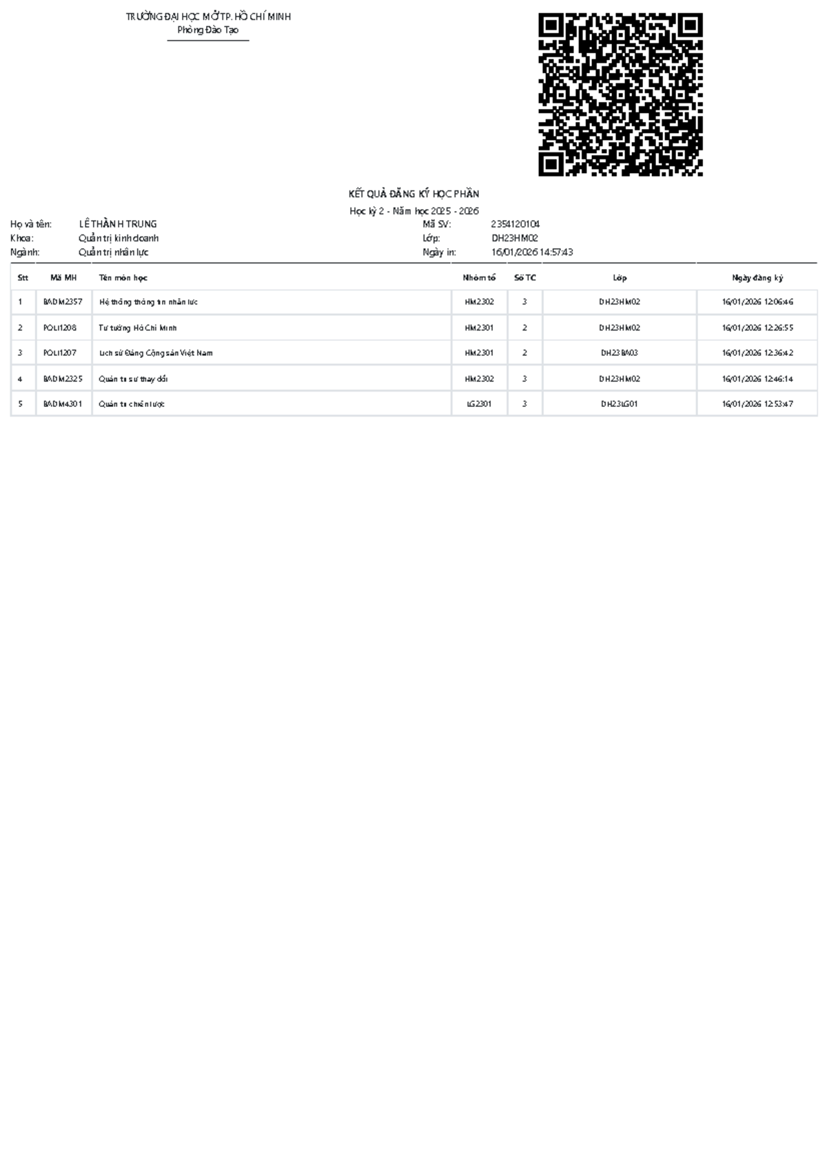 KẾT QUẢ ĐĂNG KÝ HỌC PHẦN HK2 NĂM HỌC 2025-2026 - DH23HM02 - Studocu