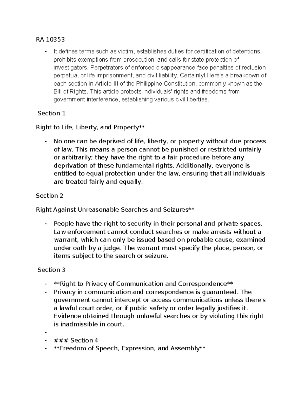 RA-10353 - Summary of Rights and Freedoms in Article III - Studocu
