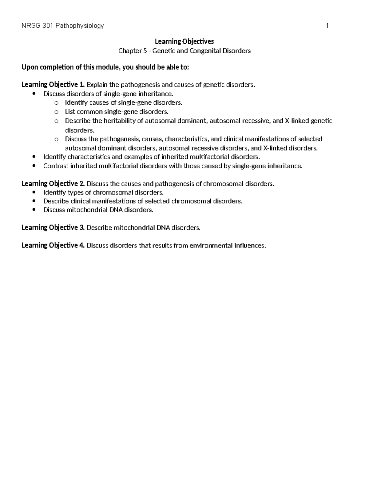 NRSG 301 Pathophysiology 1 Learning Objectives: Genetic Disorders - Studocu