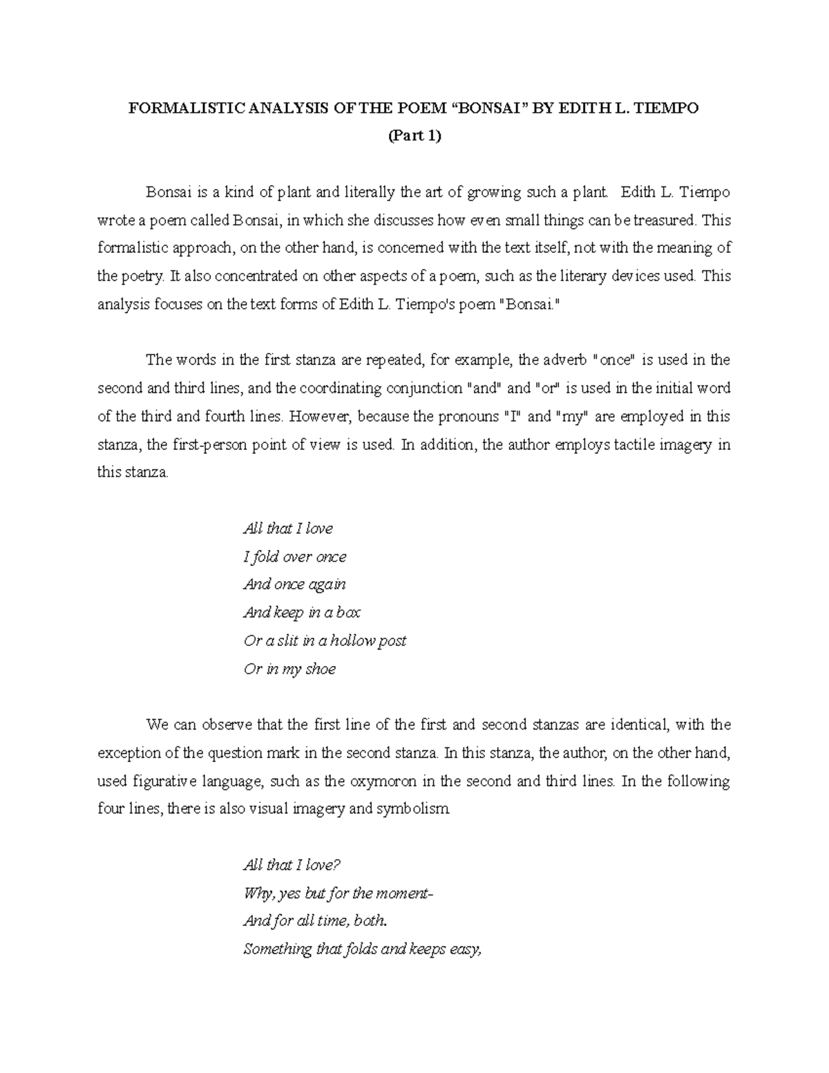 Formalistic Analysis of Edith L. Tiempo's Poem "Bonsai" - Studocu