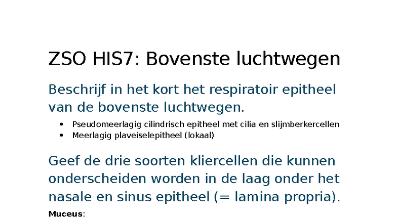 ZSO HIS7: Respiratoir Epitheel en Kliercellen Bovenste Luchtwegen - Studocu