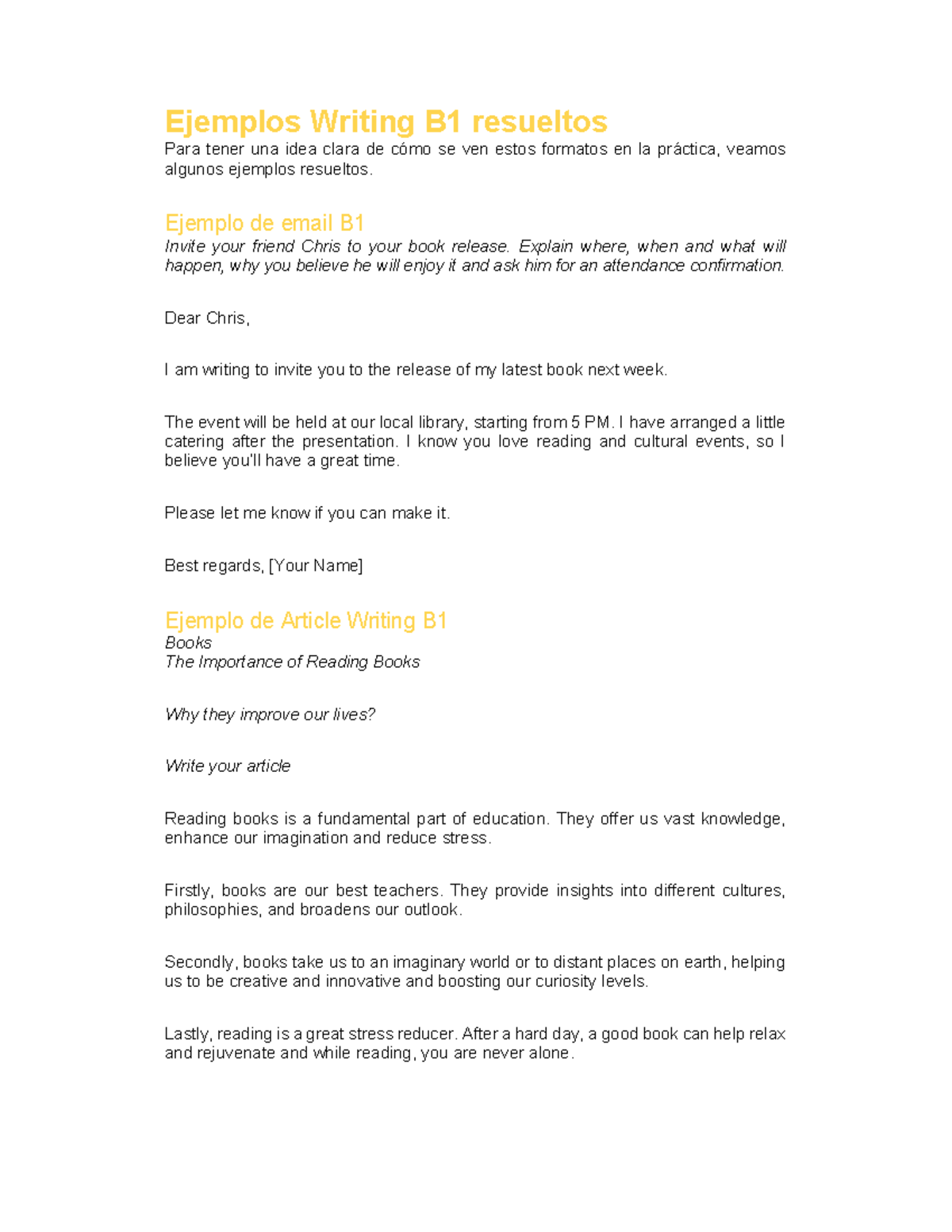 Ejemplos de Writing para Modelo PET B1: Correos y Artículos Resueltos - Studocu