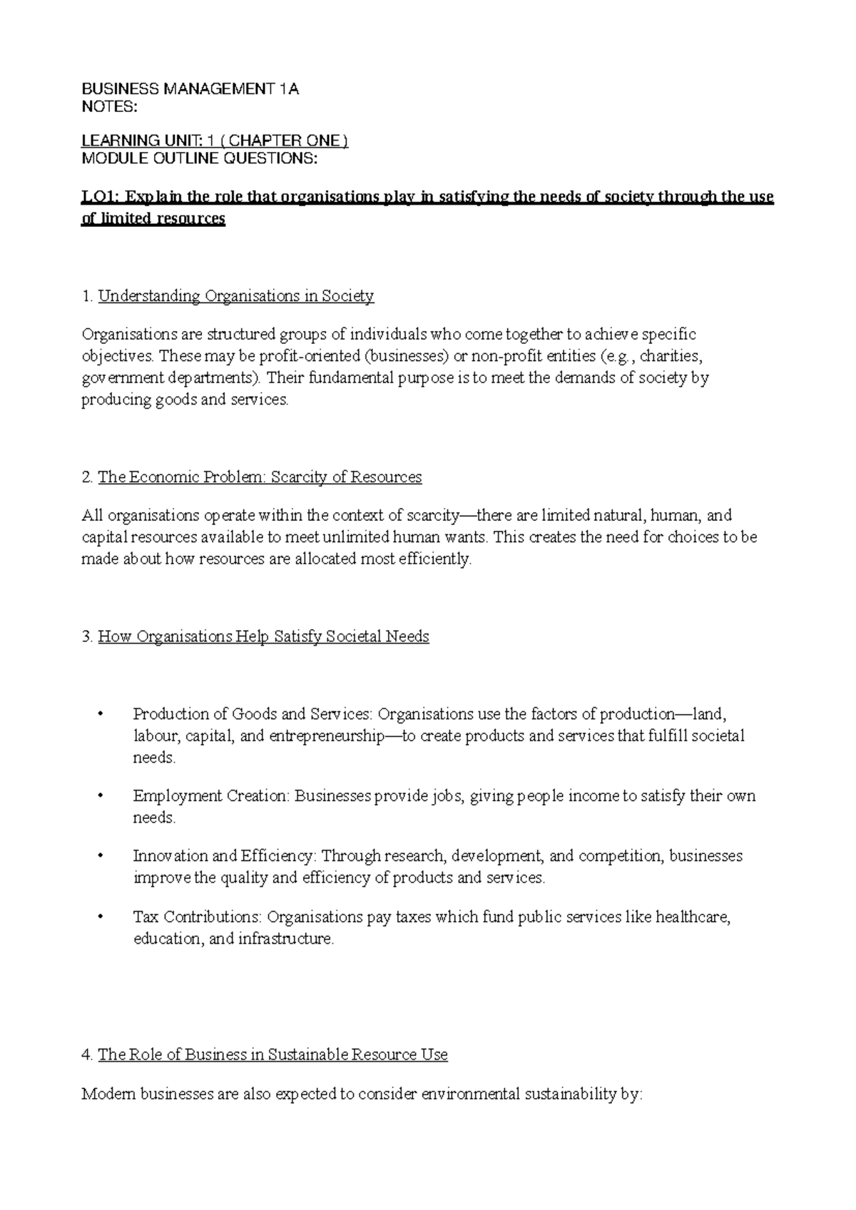 BMNG5121 - Business Management 1A: Chapter 1 Notes & Key Concepts - Studocu