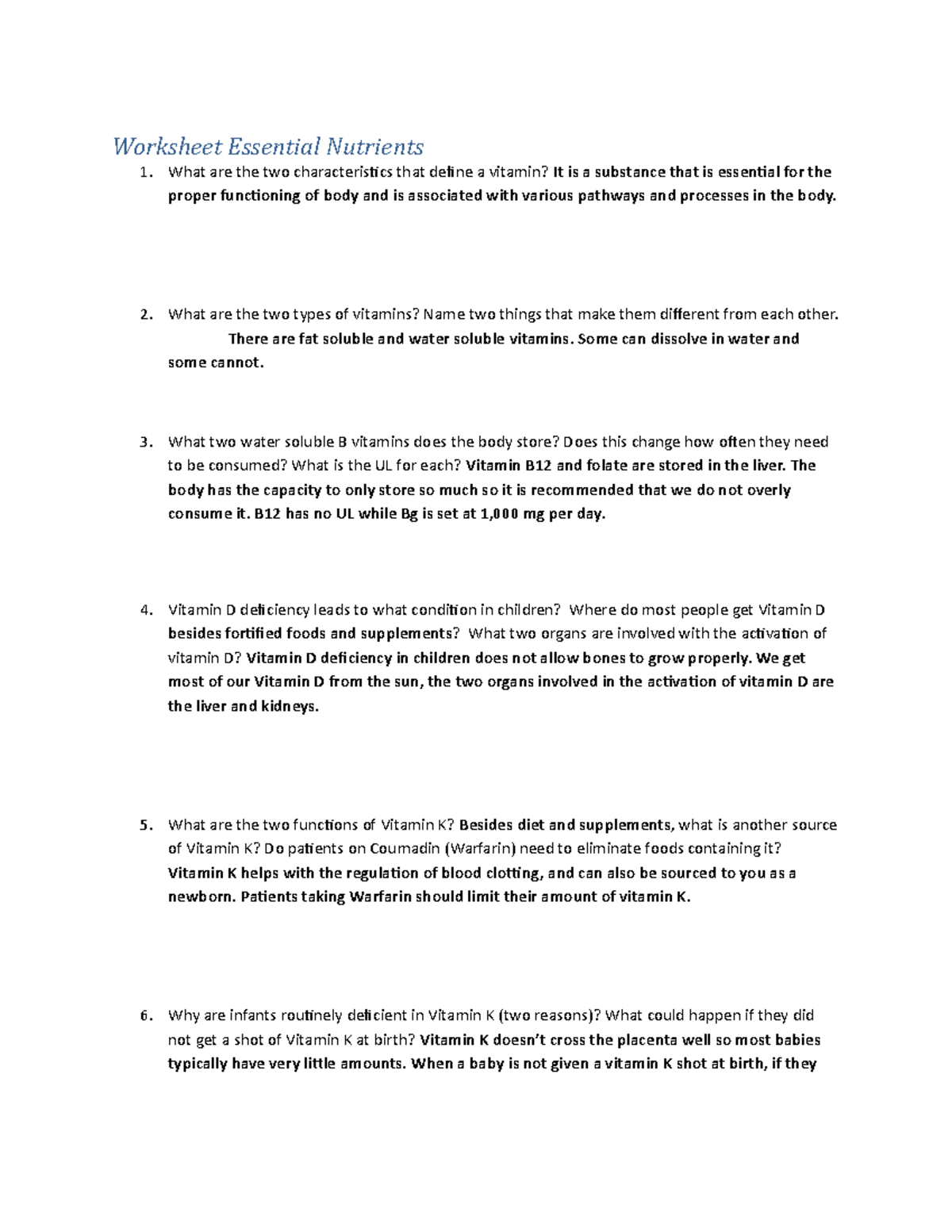 Essential Nutrients Worksheet: Vitamins Minerals and Deficiencies - Studocu