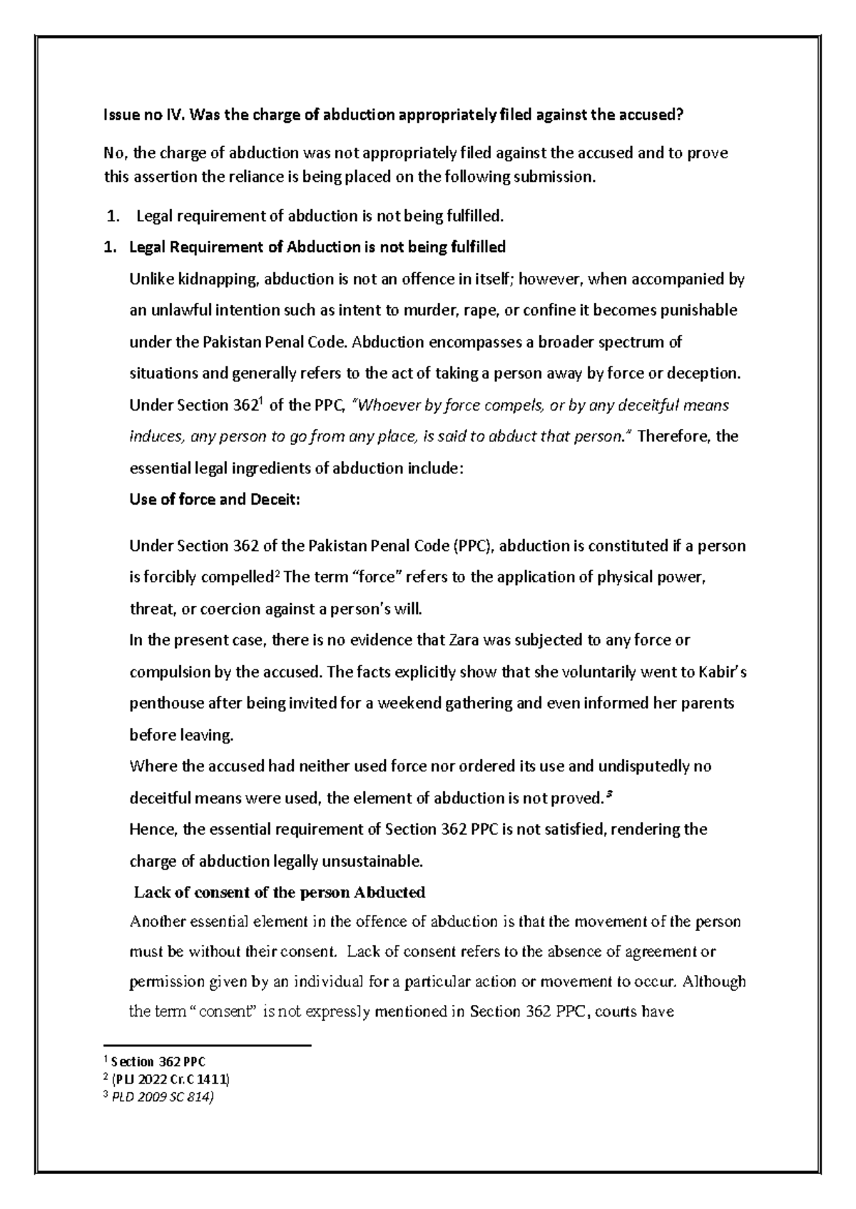 Issue IV: Legal Analysis of Abduction Charge Under PPC - Studocu