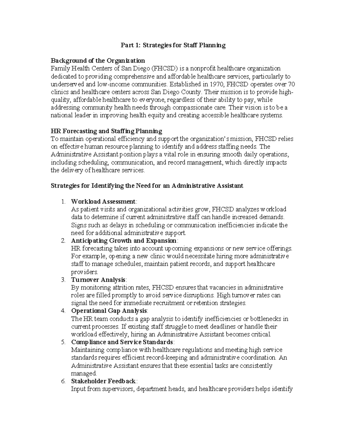 Part 1: Strategies for staff planning at FHCSD - Studocu