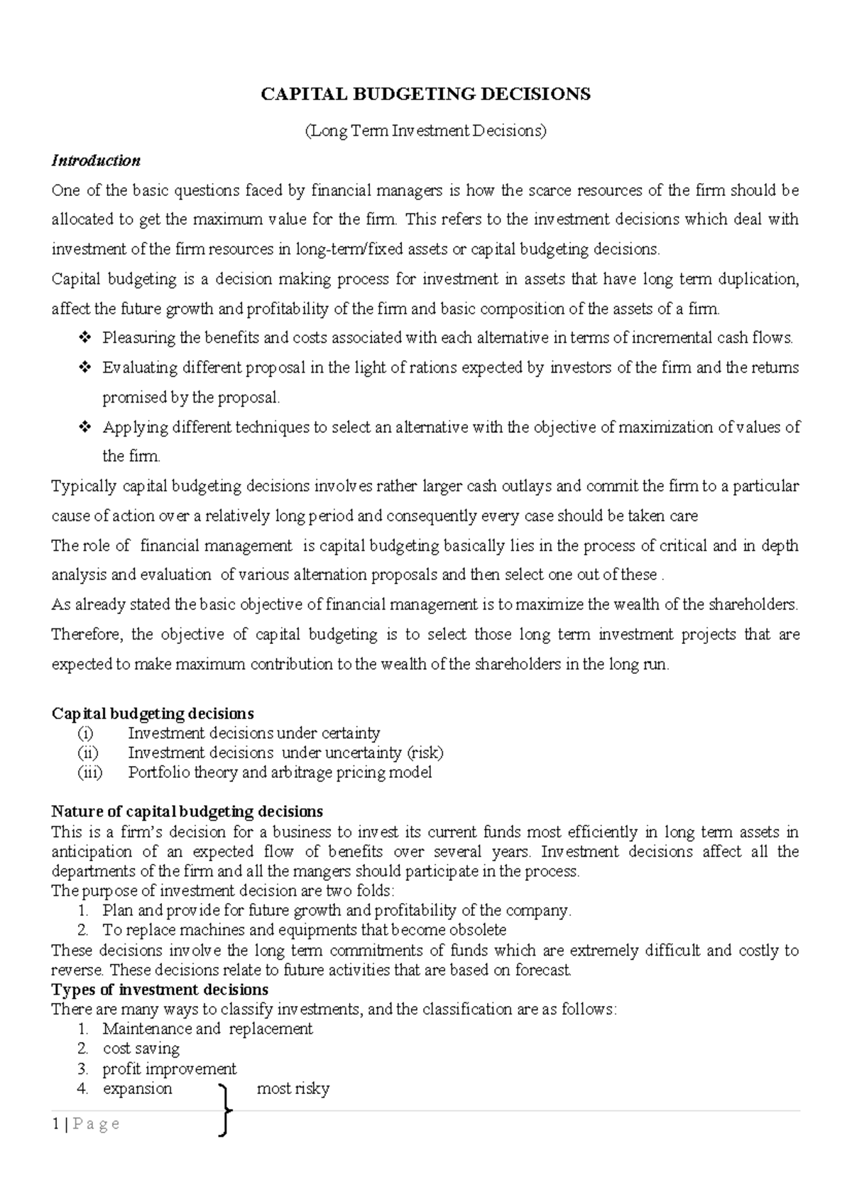 Capital Budgeting Decisions (FIN 101) - An In-Depth Analysis - Studocu