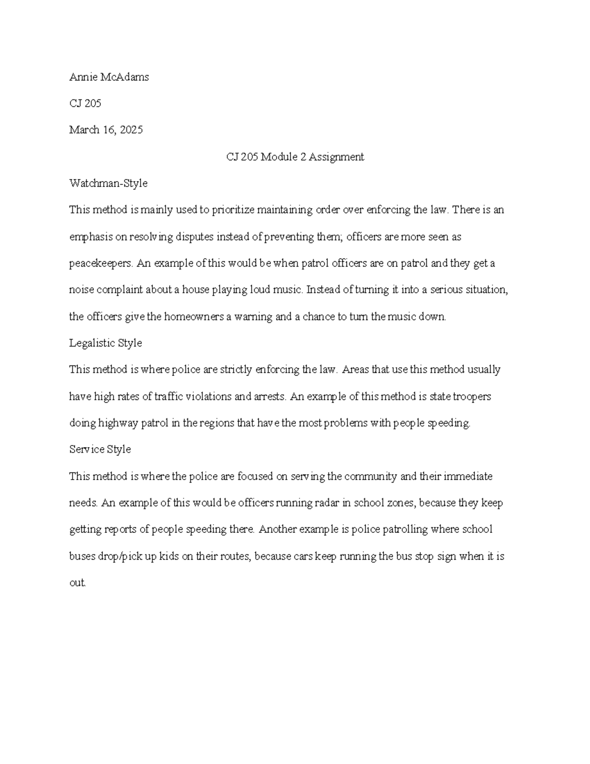 CJ 205 Module 2 - passed - Annie McAdams CJ 205 March 16, 2025 CJ 205 ...