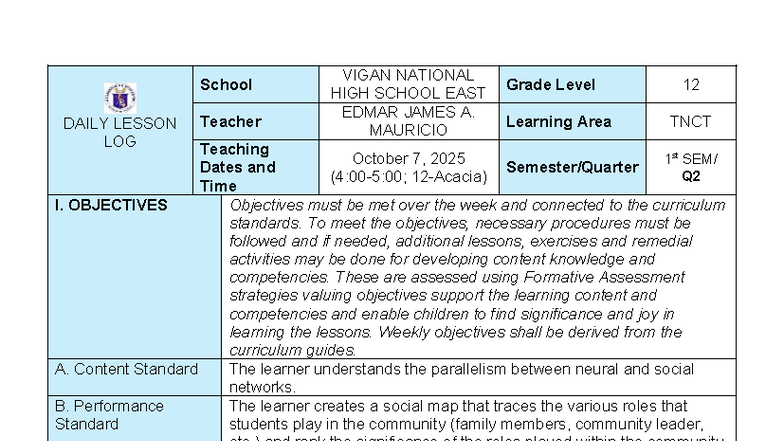CO DLL-TNCT - Daily Lesson Log for Grade 12: Connections, Relationships ...
