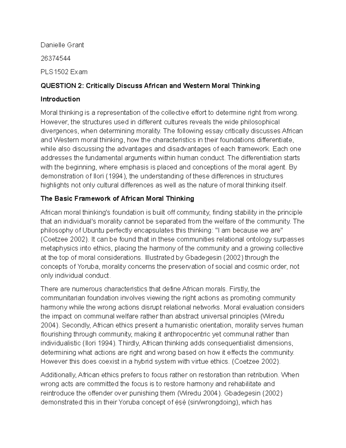 PLS1502 Exam - Critical Analysis of African and Western Moral Thinking ...