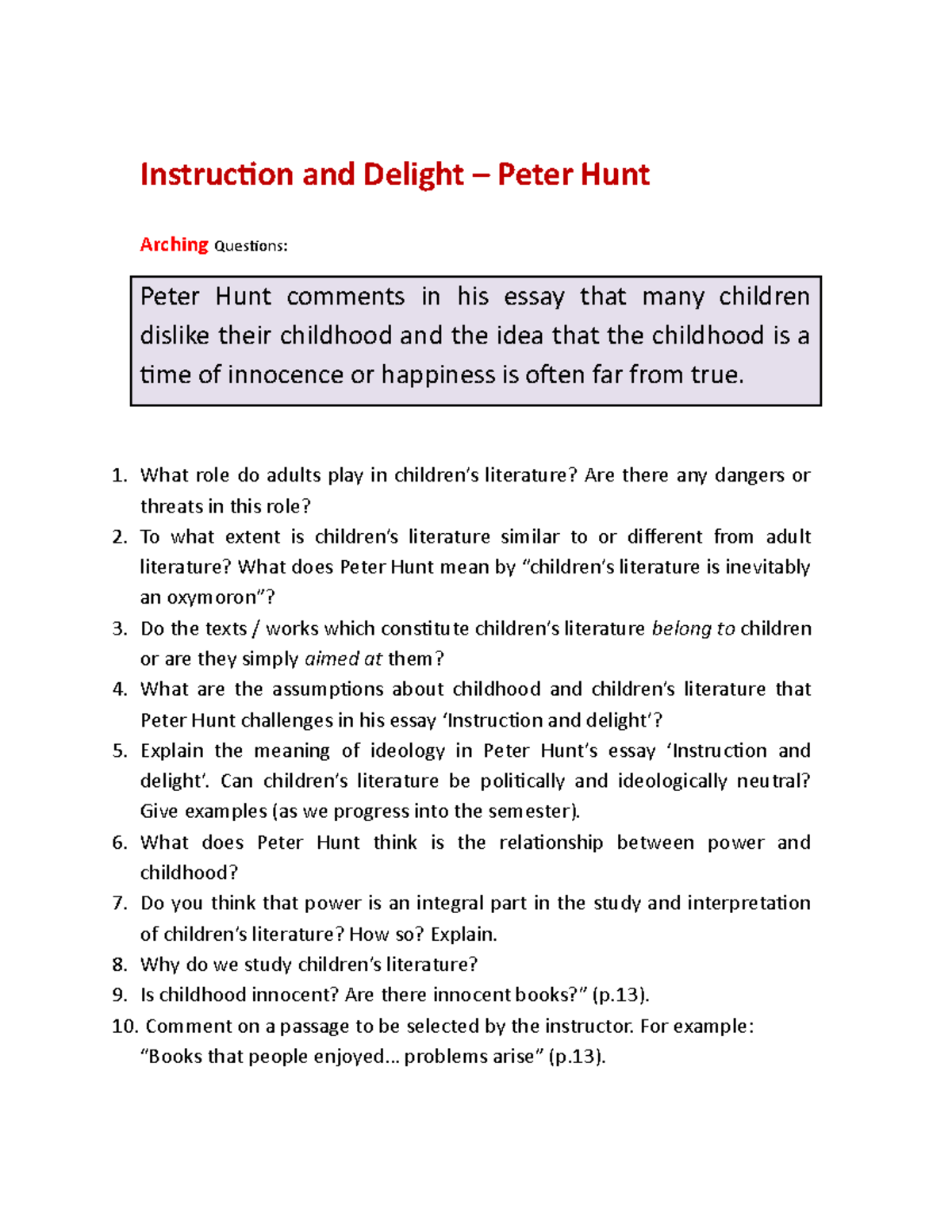 Revisiting Peter Hunt's "Instruction and Delight" on Children's Lit ...