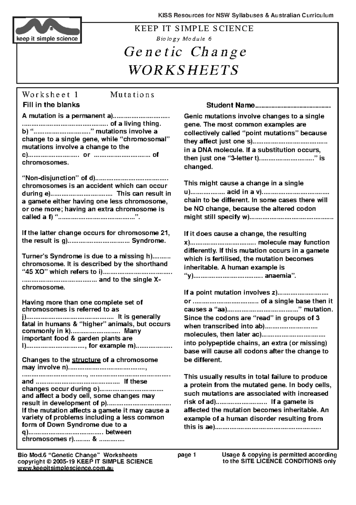 Bio Mod. 6 Worksheets: Genetic Change & Mutations - Studocu