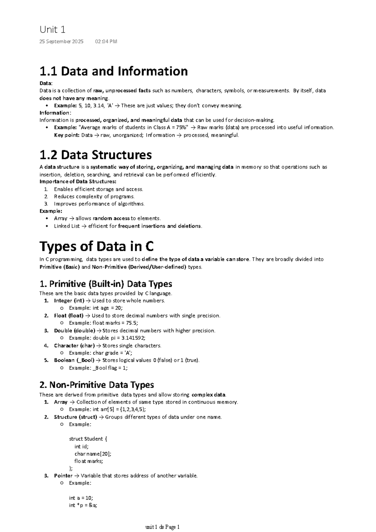 Unit 1: Data Structures Overview and Key Concepts - Studocu