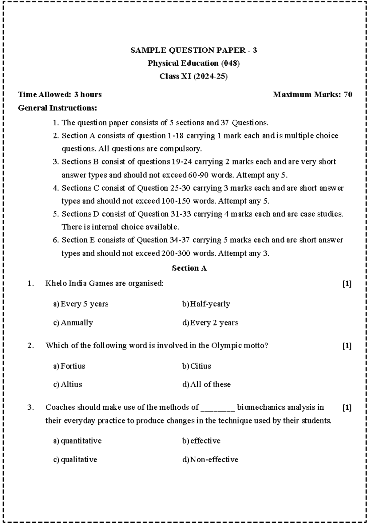 SAMPLE QUESTION PAPER 3: Physical Education (048) Class XI - Studocu