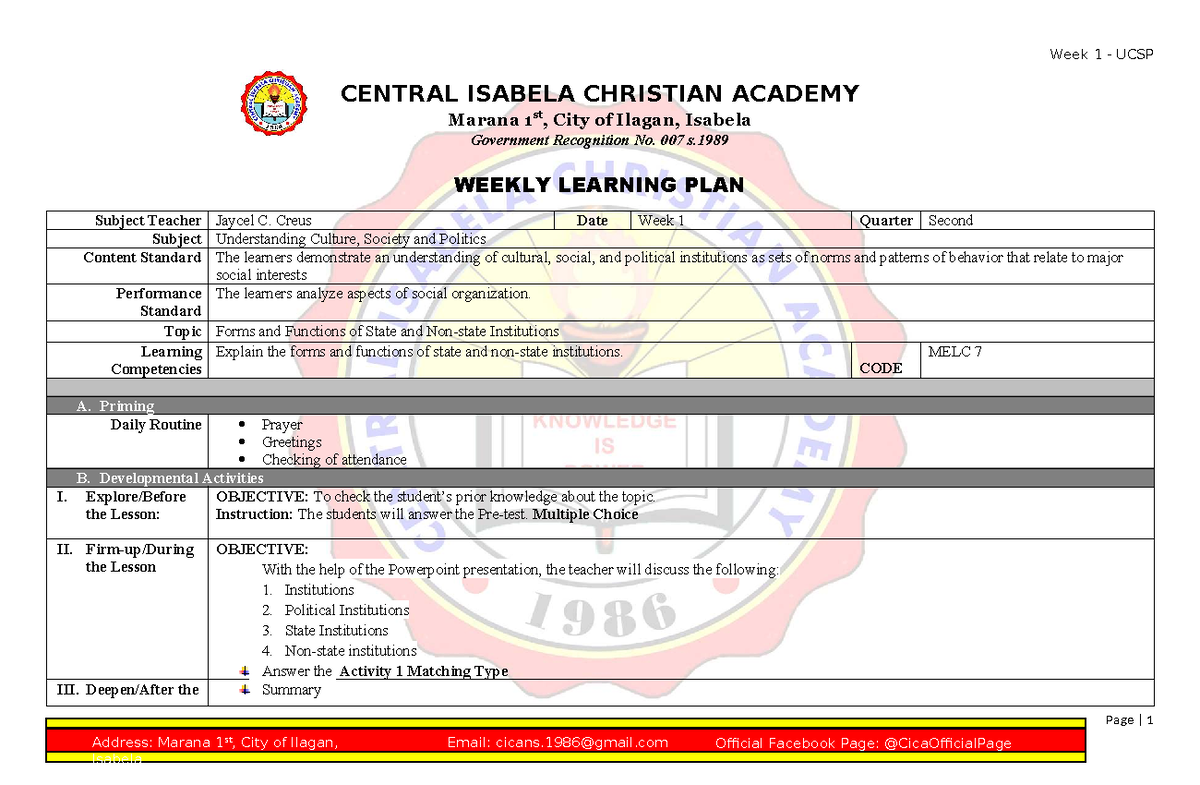 UCSP 1st Quarter Weekly Learning Plan: Understanding Culture & Society - Studocu