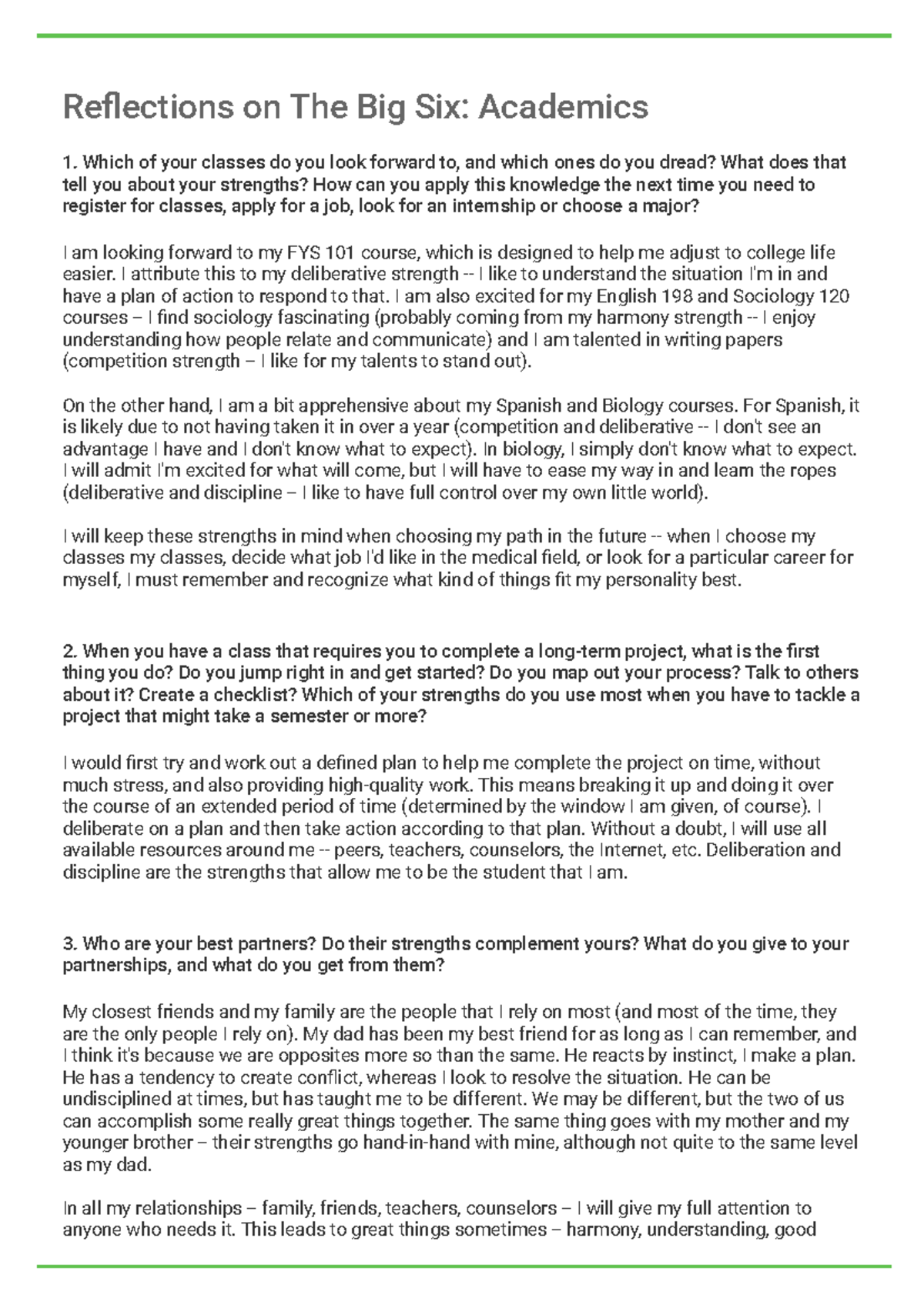 Reflections on The Big Six: Clifton Strengths for Students Q&A - Studocu