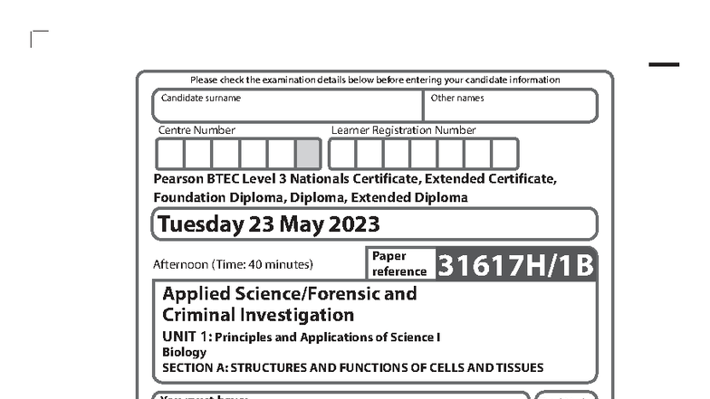 BTEC Level 3 Nationals Applied Science Unit 1 Exam Paper - May 2023 ...