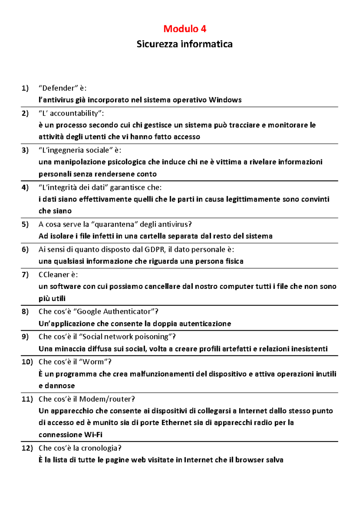 Eipass 7 Moduli V6.0 - Modulo 4: Sicurezza Informatica - Studocu