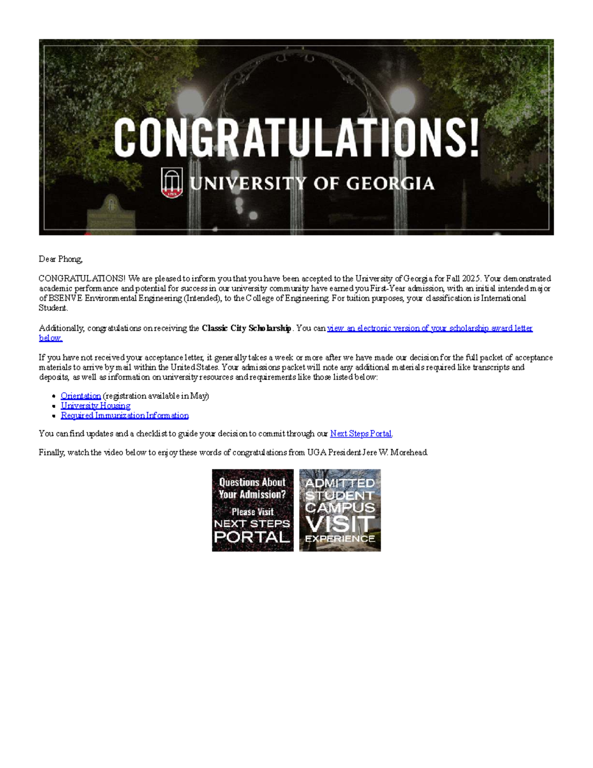 UGA Scholarship Acceptance Letter for Fall 2025 - Classic City Waiver ...