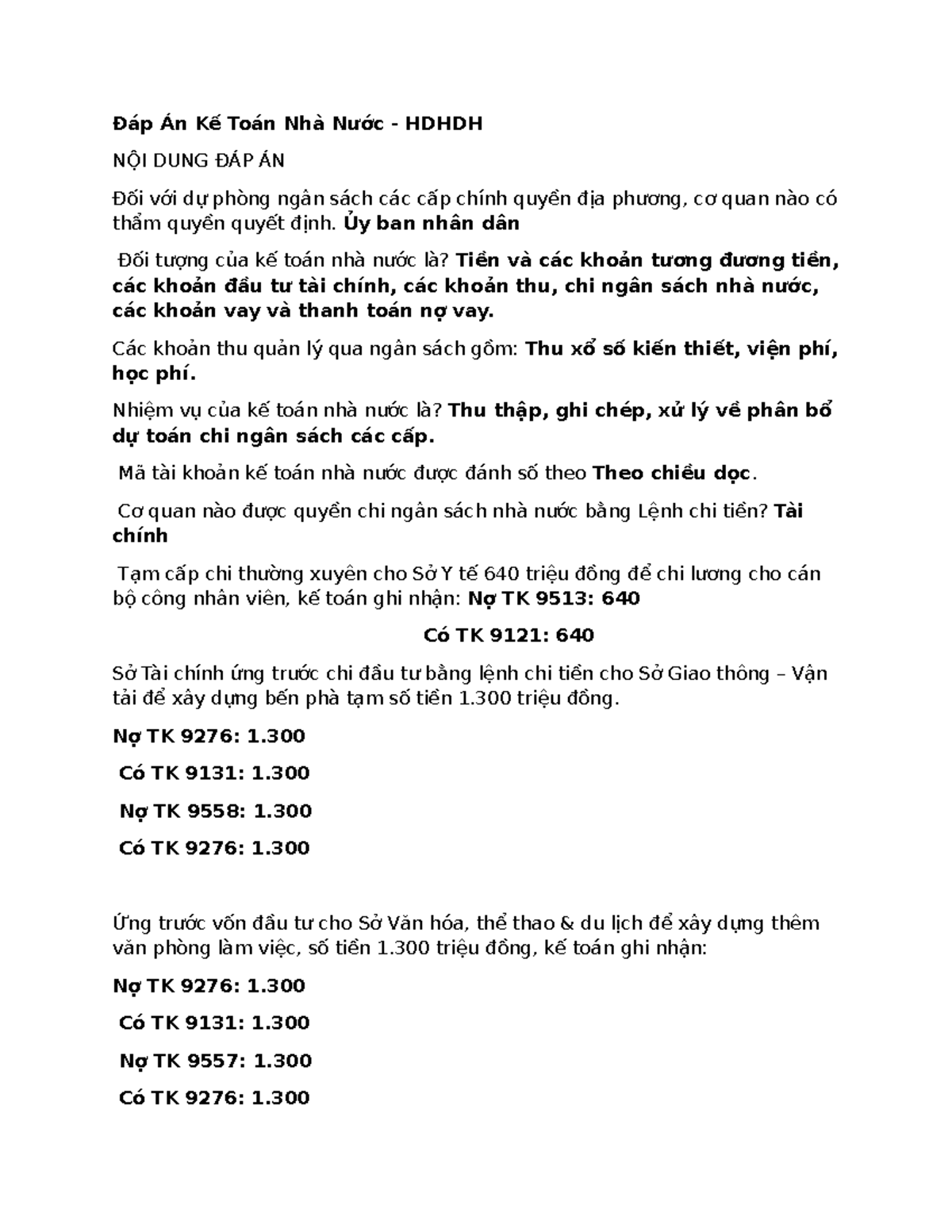 Đáp Án Kế Toán Nhà Nước HDHDH: Quy Định và Thực Hành - Studocu