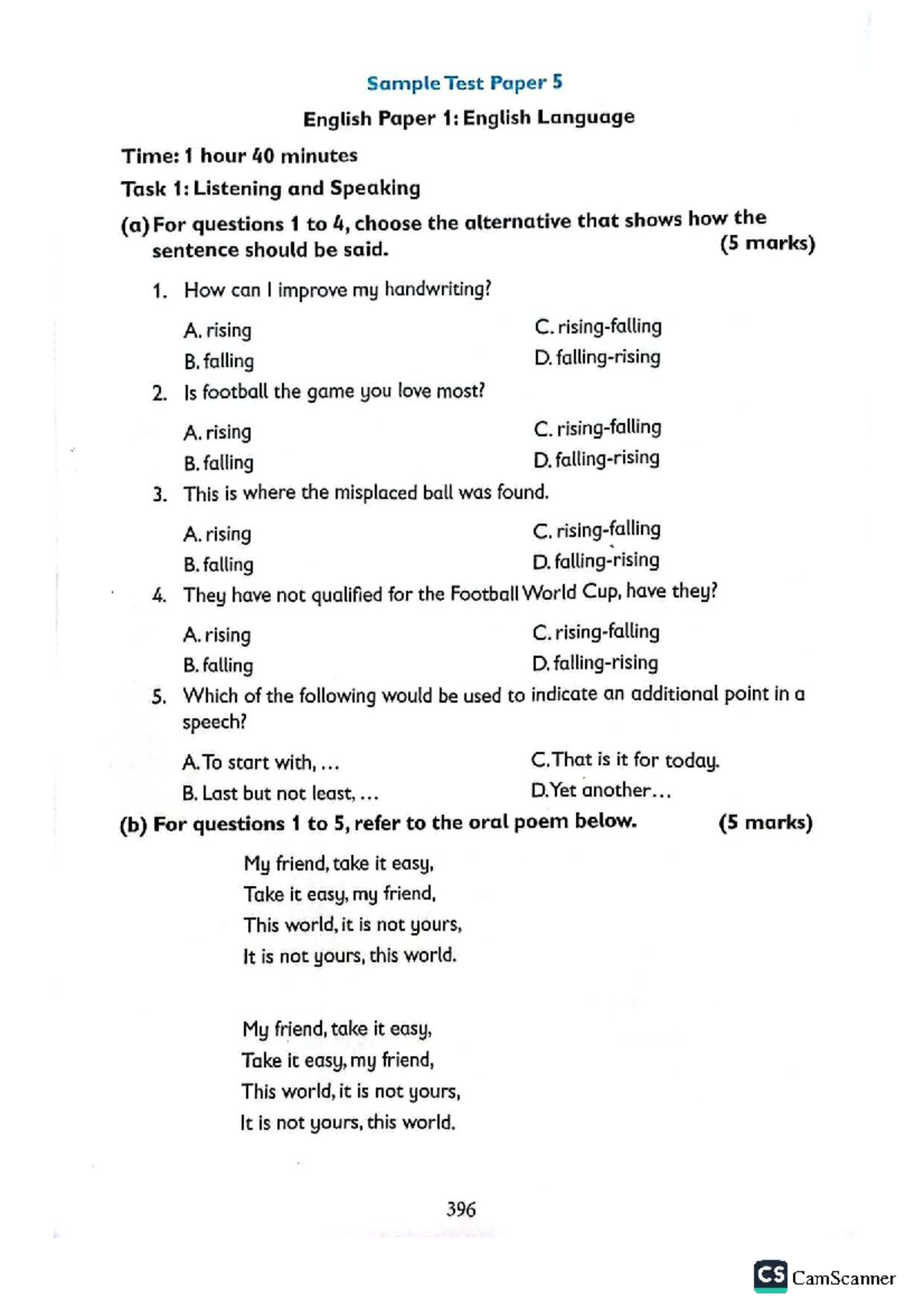 English Paper 1 Sample Test: Listening, Speaking & Grammar Tasks - Studocu