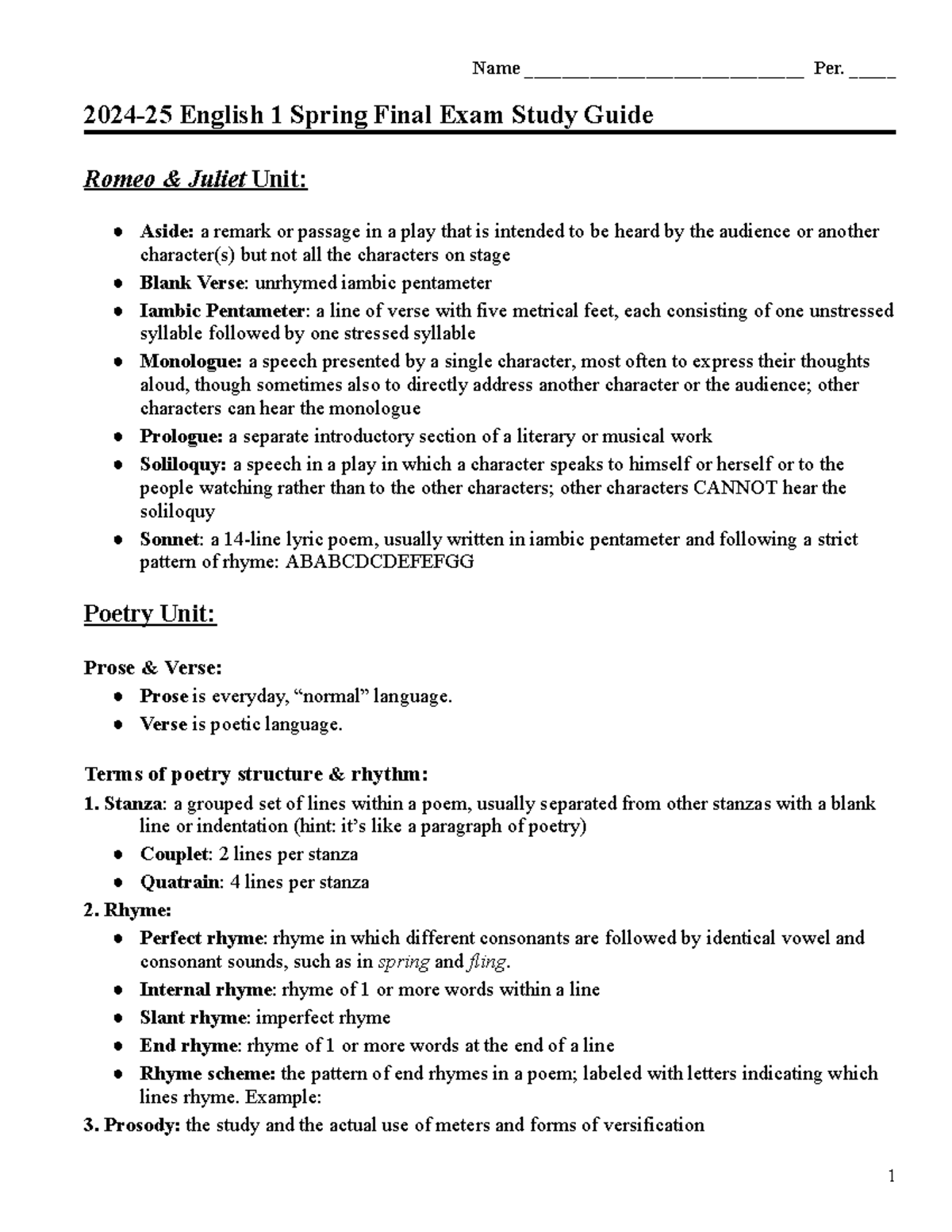 2024-25 English 1 Spring Final Exam Study Guide: Romeo & Juliet Unit ...