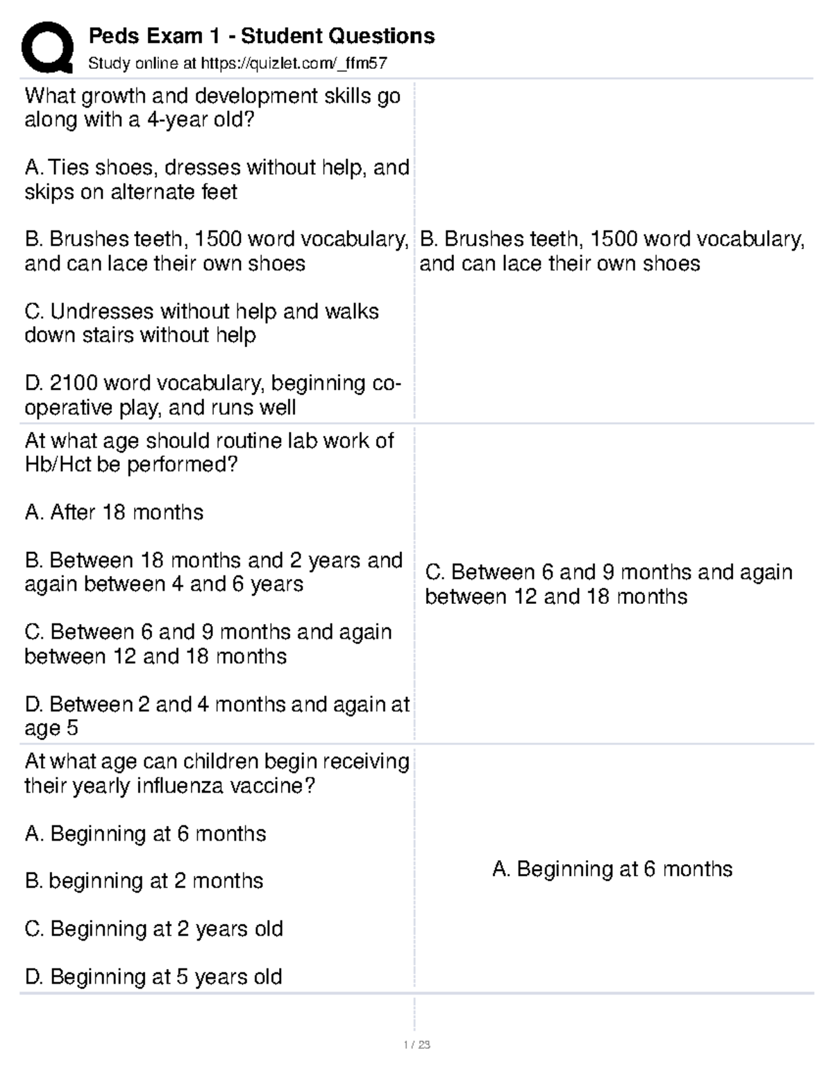 PEDS 101 - Exam 1 Student Questions and Growth Development Insights ...