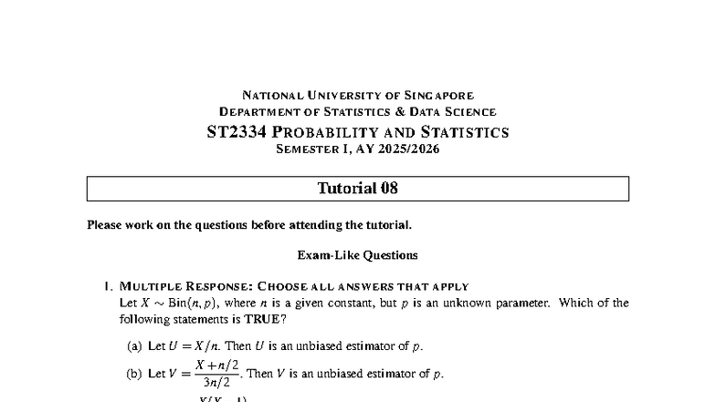 Tutorial 08 - ST2334 Probability and Statistics Notes - Studocu