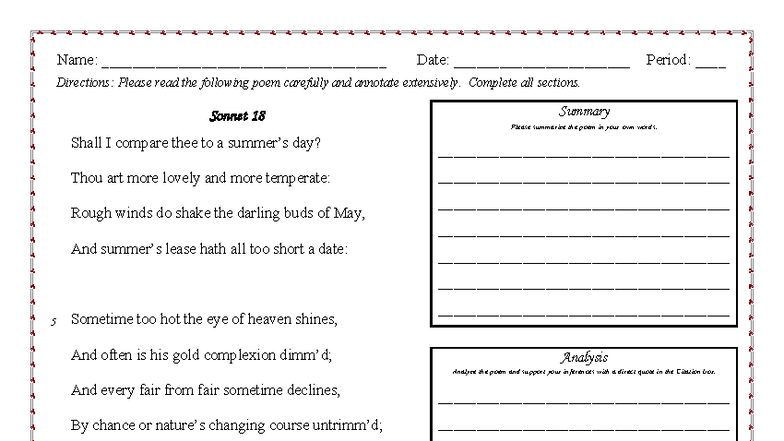 ENG 101: Sonnet 18 Close Reading Worksheet and Analysis - Studocu