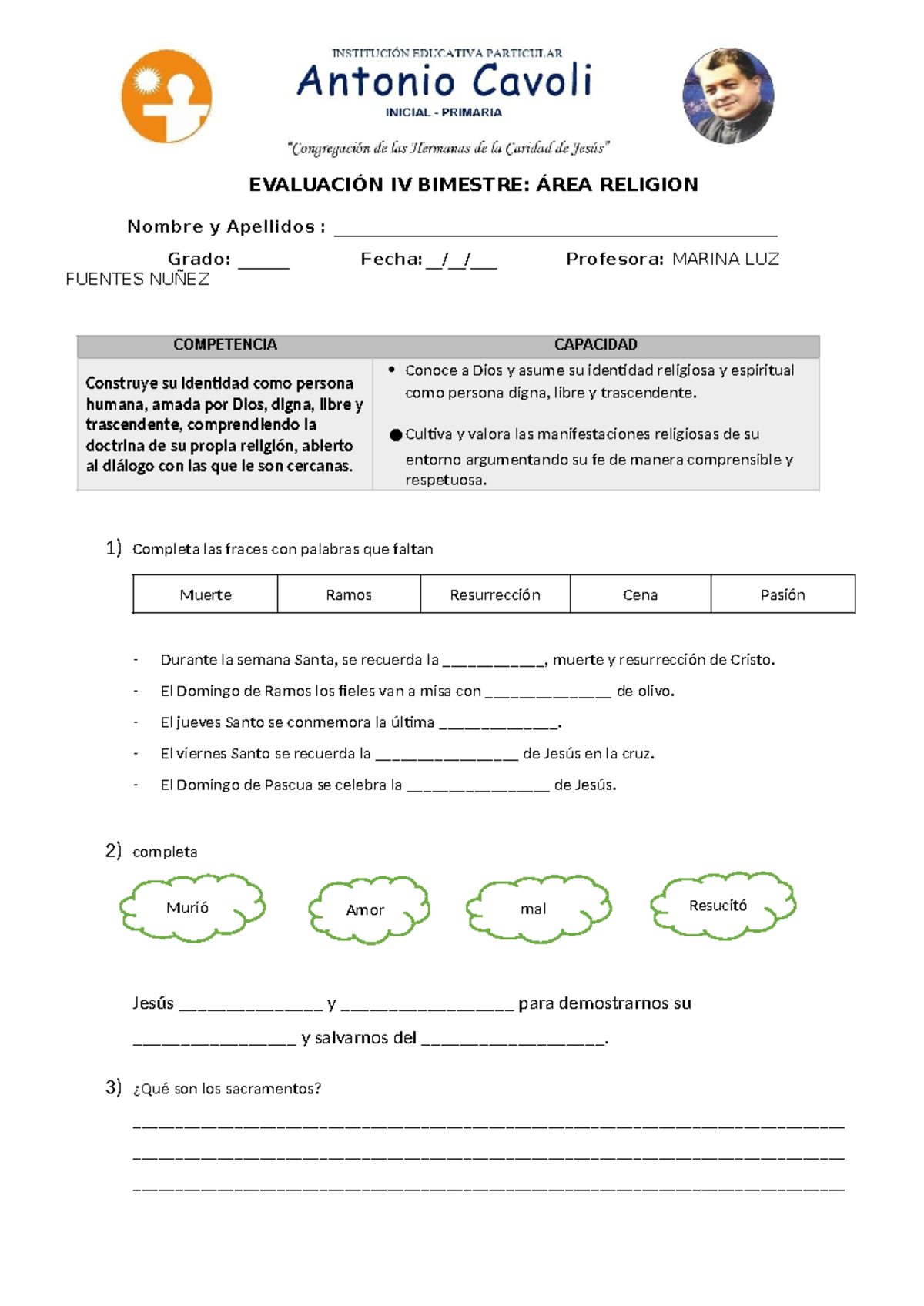 Examen de Religión 4to Grado: Evaluación IV Bimestre - Studocu
