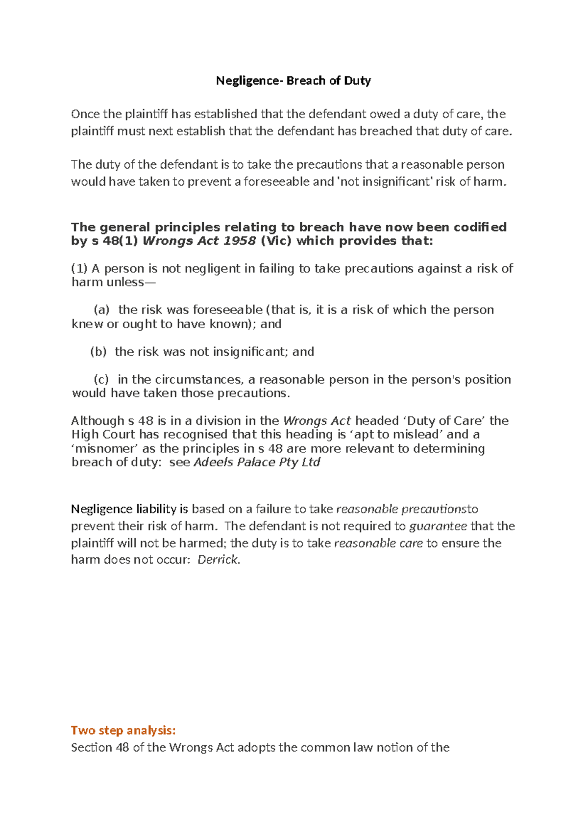 Topic 7 - Breach of Duty: Understanding Negligence Principles - Studocu