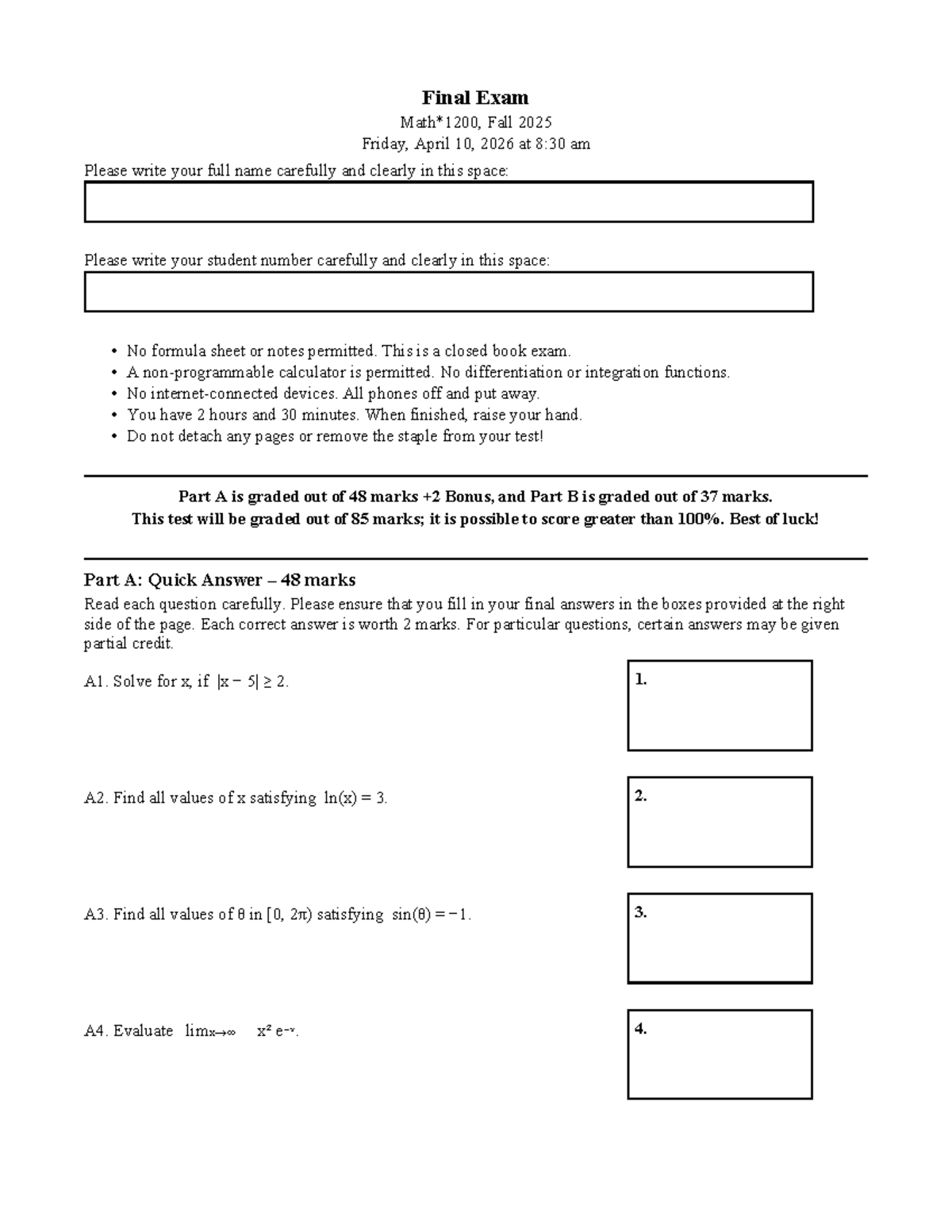 Math1200 Final Exam Guidelines - April 10, 2026 - Studocu