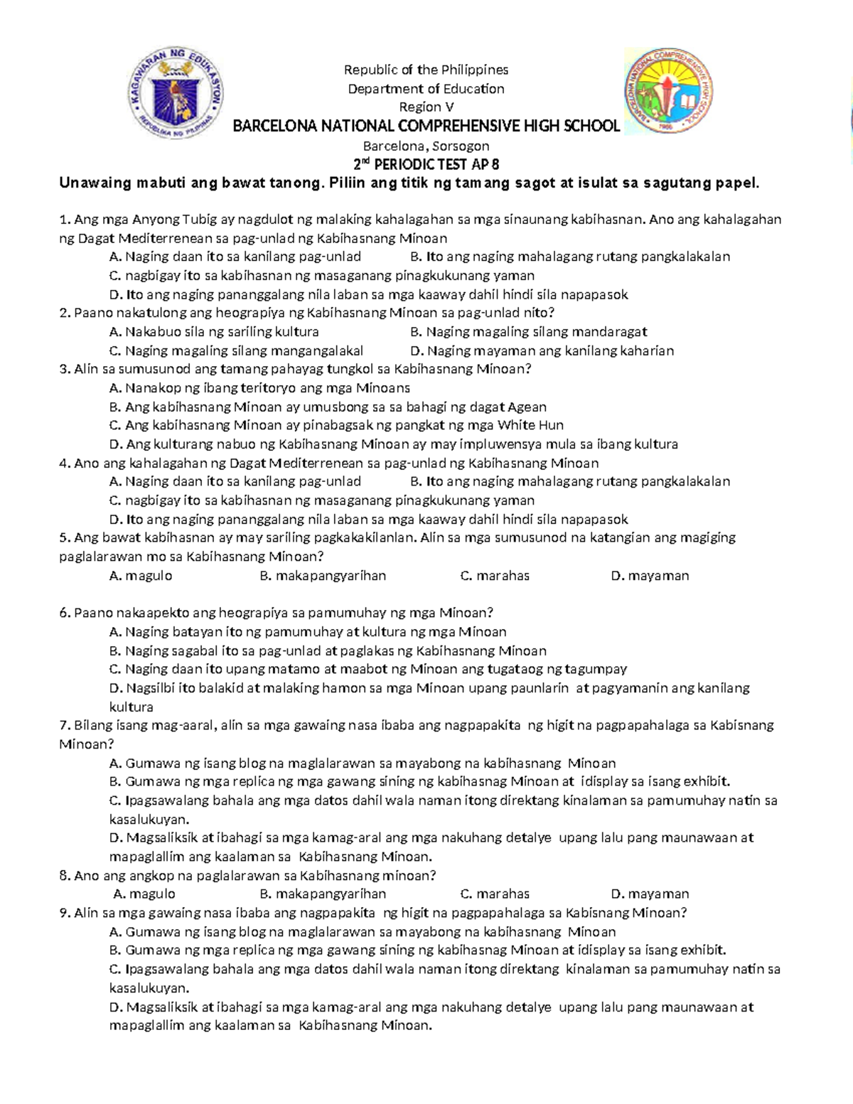 2nd PT AP8 2024-2025 - 2nd periodic test to help student manage to make ...