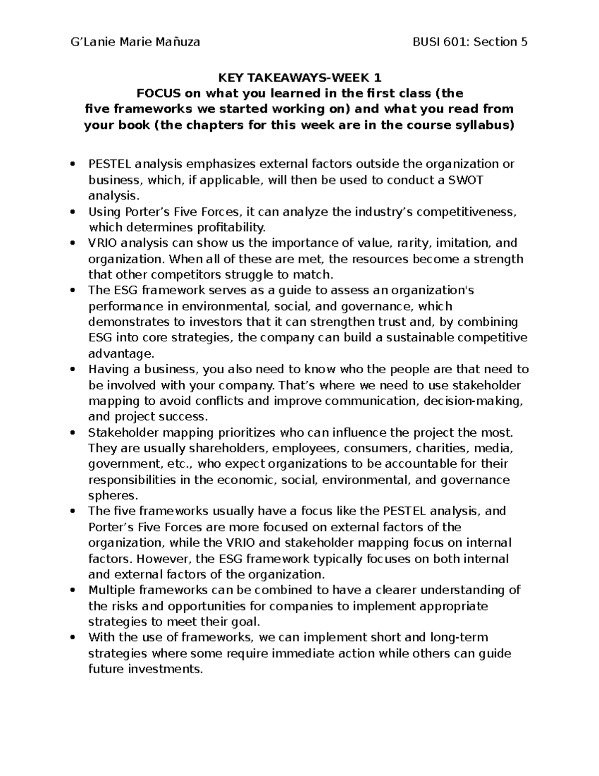 BUSI 601: Section 5 Key Takeaways from Week 1 Frameworks - Studocu