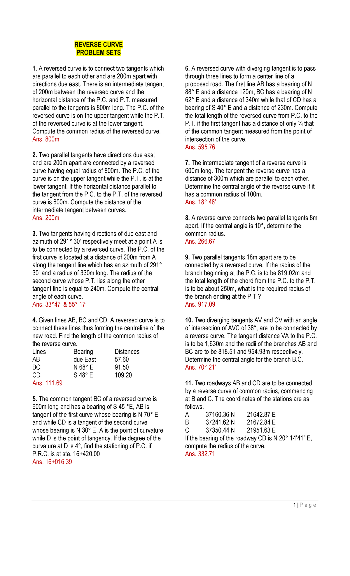 Reverse Curves Problem Sets for CE 101: Key Concepts and Solutions ...