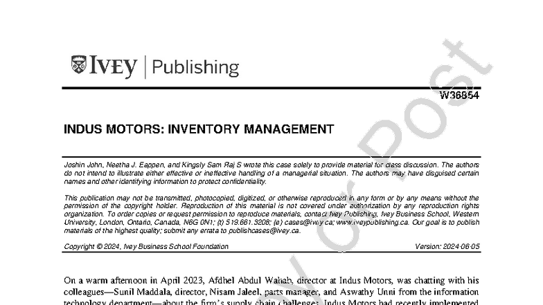 Indus Motors W36854: Case Study on Inventory Management Challenges ...