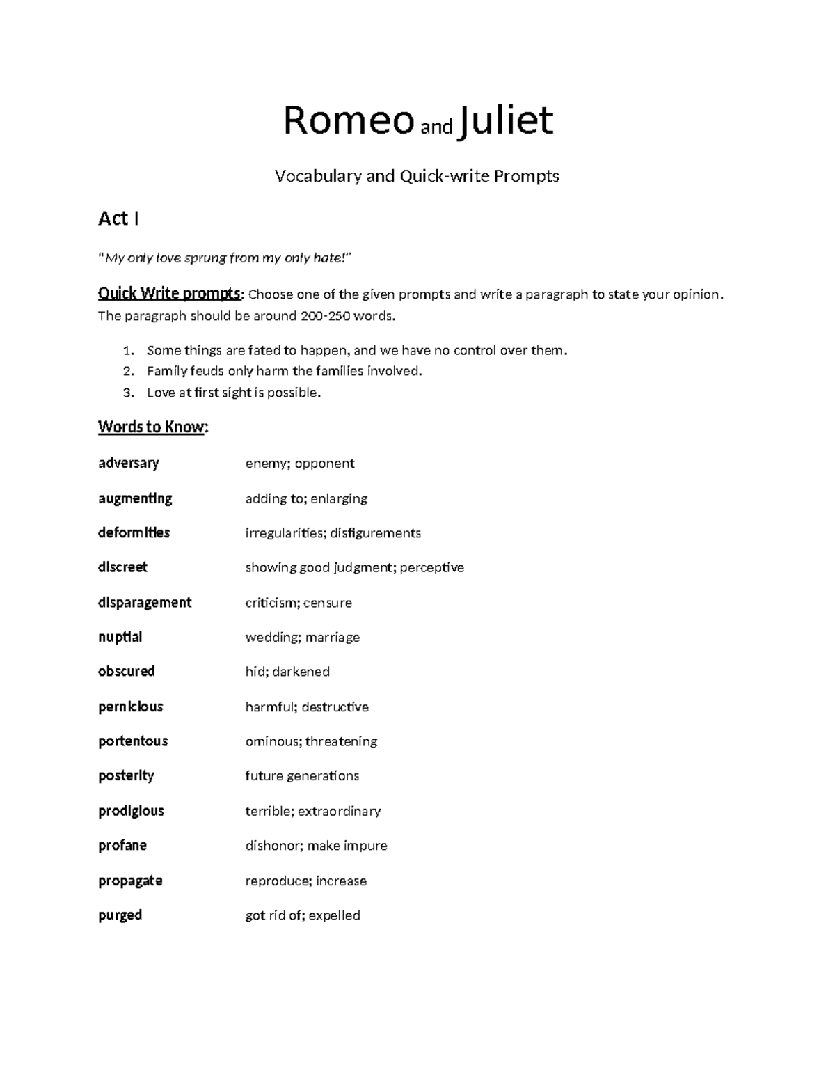 Romeo and Juliet study guide questions and quick-writie prompts - Romeo ...