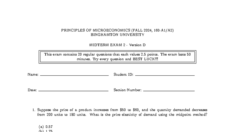 PRINCIPLES OF MICROECONOMICS (ECON 101) MIDTERM EXAM 2 - FALL 2024 ...