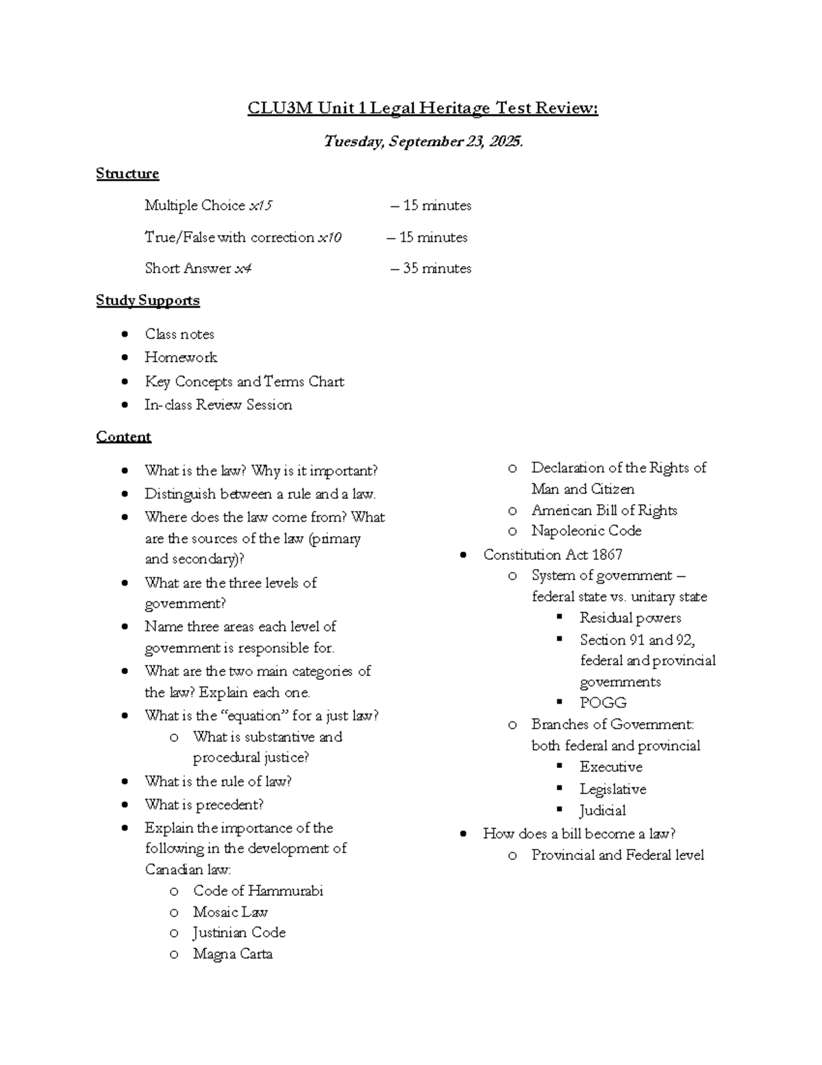 CLU3M Unit 1 Legal Heritage Test Review Guide - Studocu