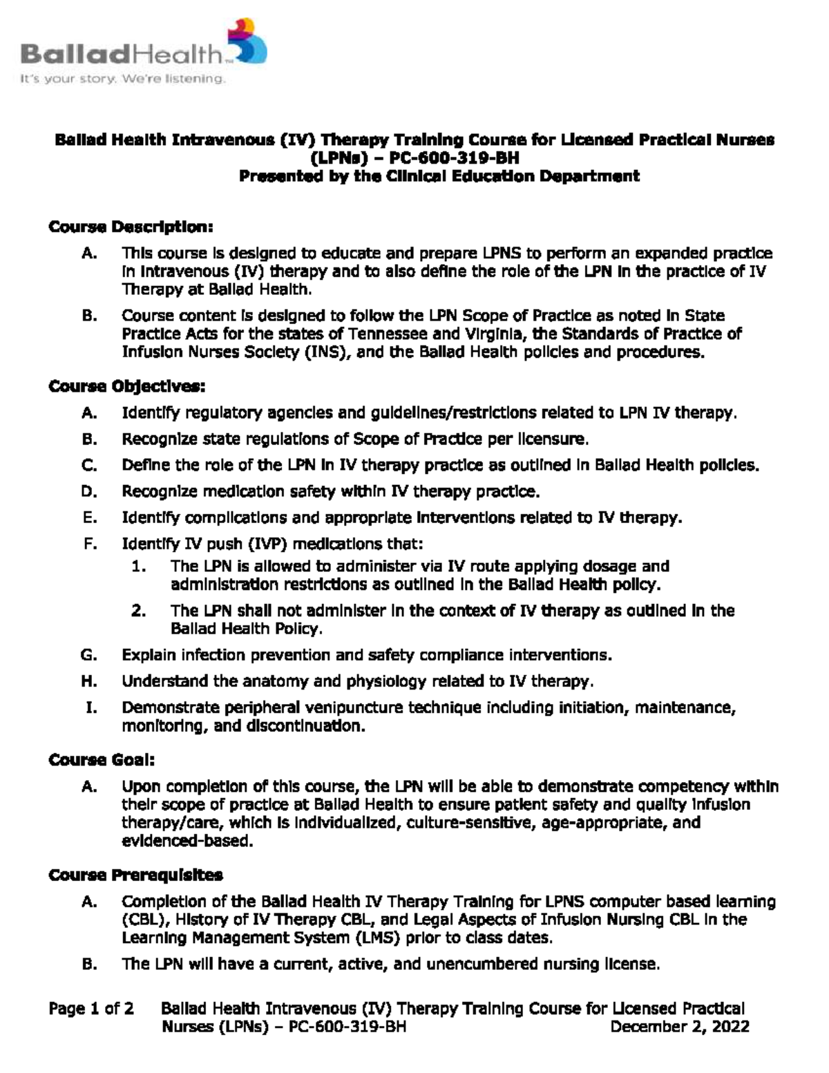 Ballad Health IV Therapy Training Course (LPN) - Course Overview ...