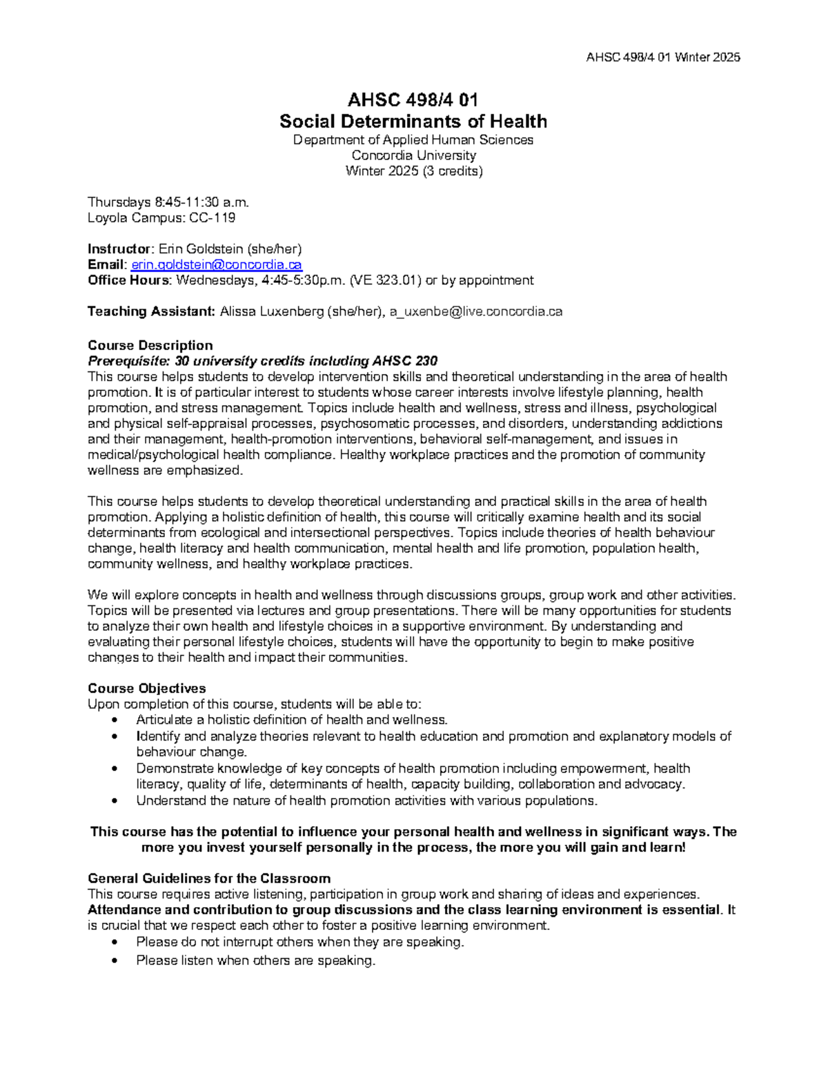AHSC498-Winter 2025 - Course outline - AHSC 498 /4 01 Social ...