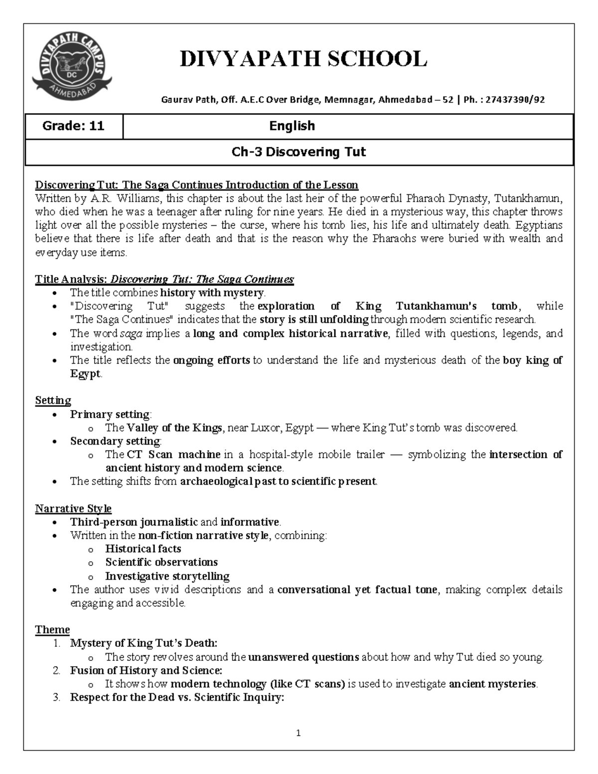 Grade 11 English: Discovering Tut - The Saga of King Tutankhamun - Studocu