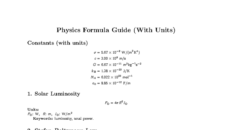 Physics Formula Guide: Key Constants & Laws (PHYS101) - Studocu