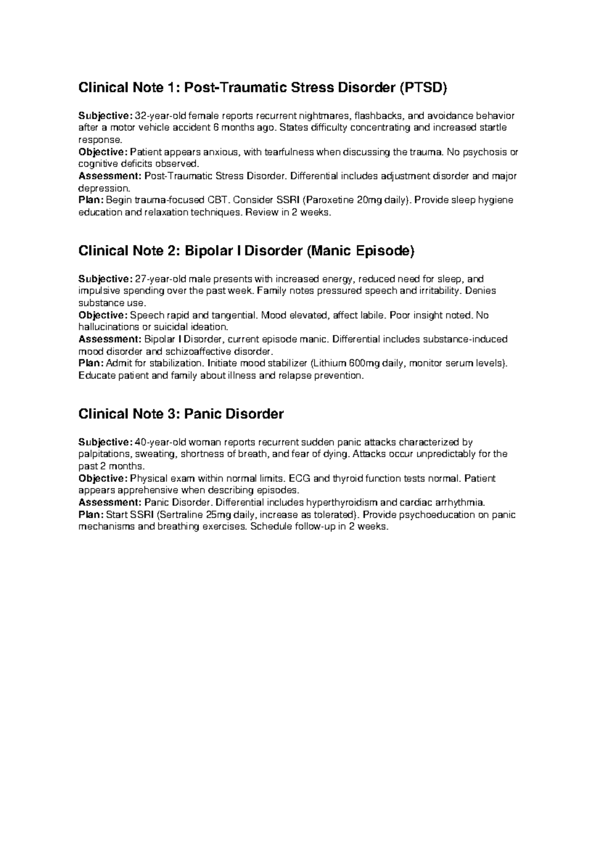 Mental Health Clinical Notes Set 2: PTSD, Bipolar I, Panic Disorder ...