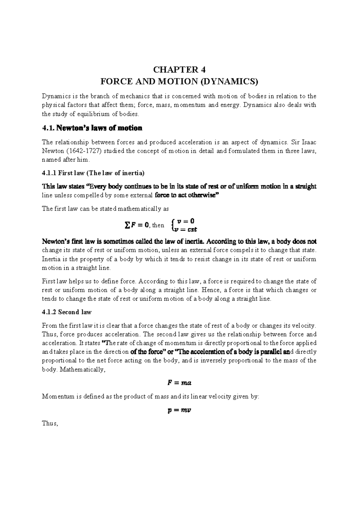 Chapter 4: Force and Motion (Dynamics) - PH110 Study Notes - Studocu