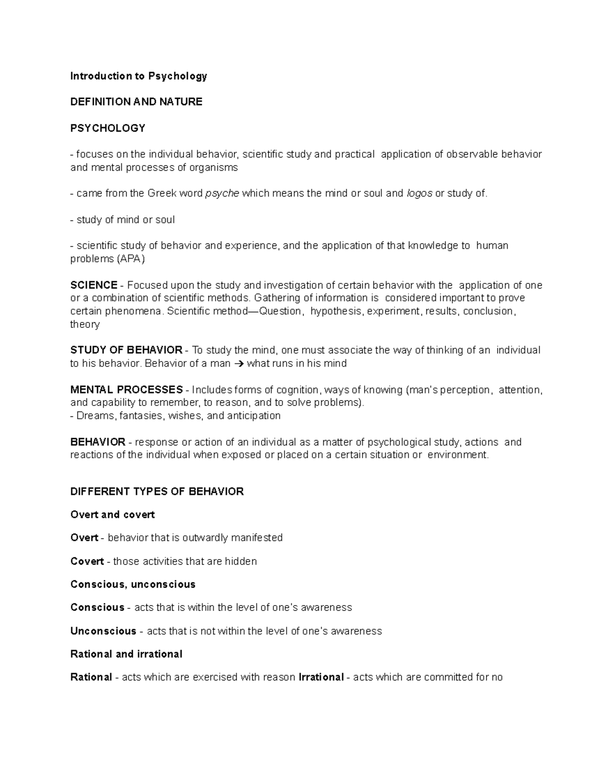 Introduction to Psychology Lecture 1: Definitions and Key Concepts ...